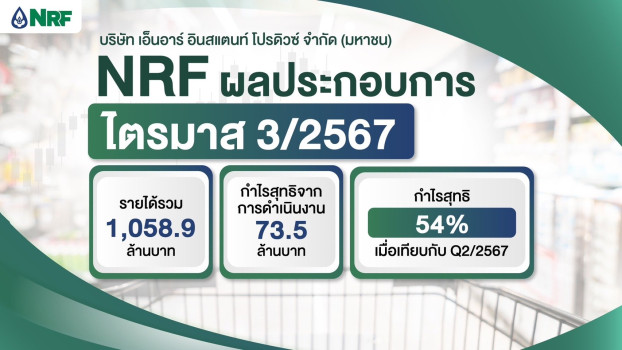 NRF โชว์กำไรไตรมาส 3/2567 เติบโตแข็งแกร่ง โกยรายได้ 1,058.9 ล้านบาท เดินหน้าขยายสาขาใหม่ ...